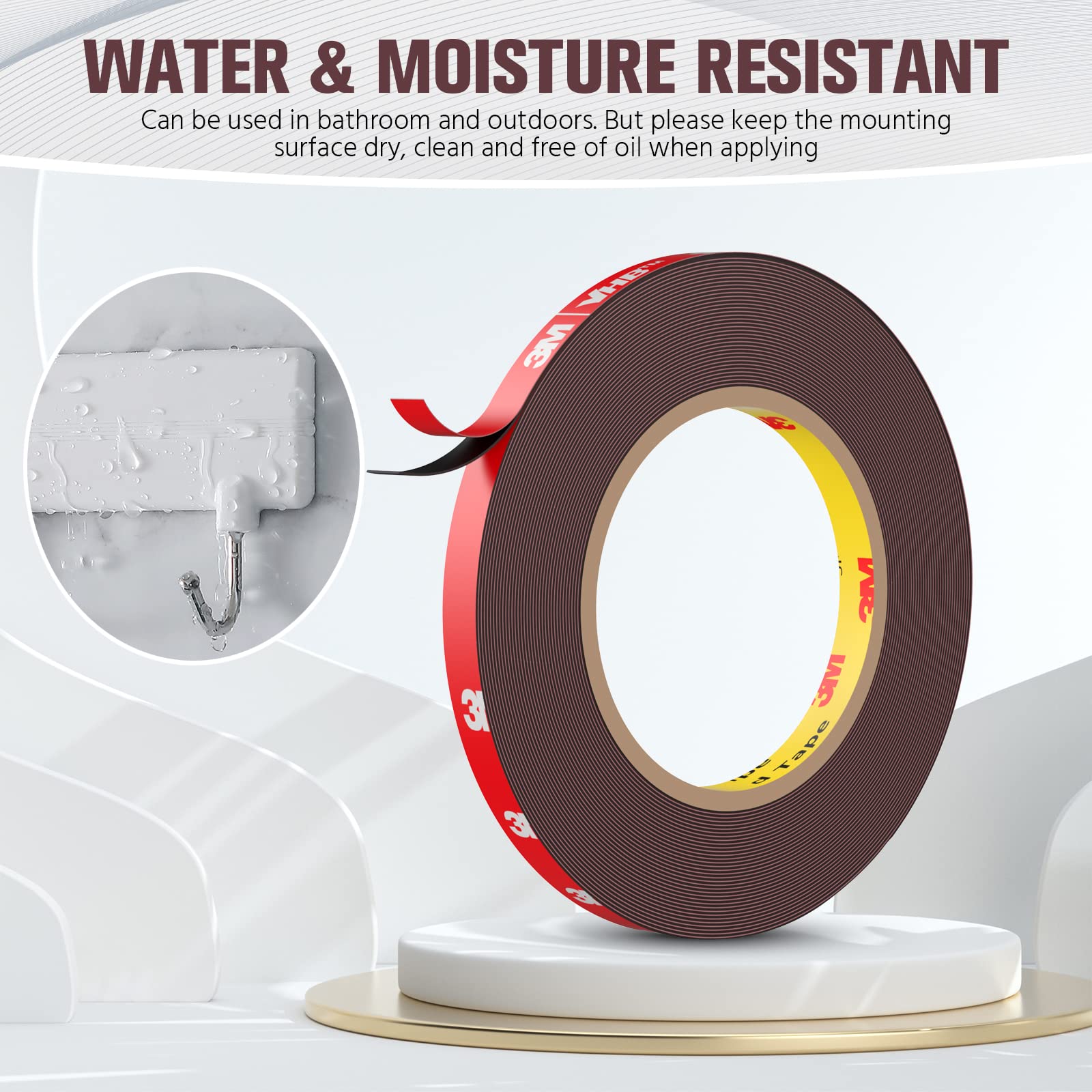 Double Sided Tape, Heavy Duty Mounting Tape Waterproof Foam Tape, 33FT Length, 0.39IN Width for LED Strip Lights, Home Decor, Office Decor, Made of 3M VHB Tape