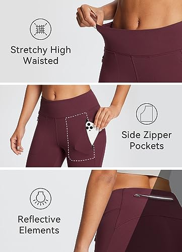 BALEAF Women's Fleece Lined Leggings Water Resistant High Waisted Winter Cold Weather Running Gear Zip Pockets Wine Red M