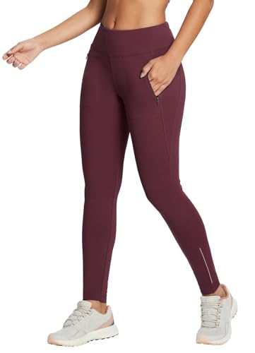 BALEAF Women's Fleece Lined Leggings Water Resistant High Waisted Winter Cold Weather Running Gear Zip Pockets Wine Red M
