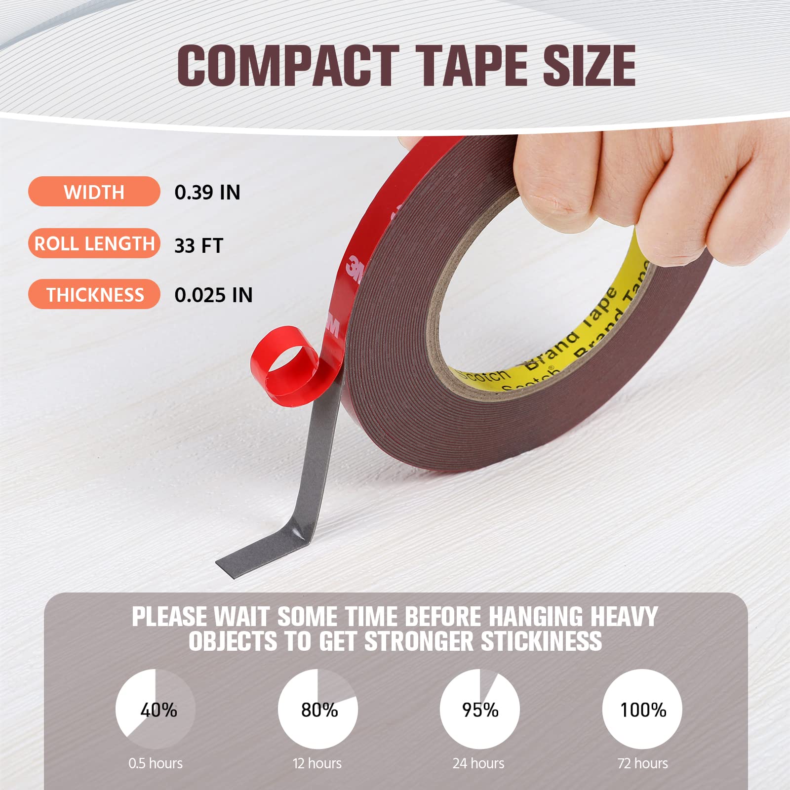 Double Sided Tape, Heavy Duty Mounting Tape Waterproof Foam Tape, 33FT Length, 0.39IN Width for LED Strip Lights, Home Decor, Office Decor, Made of 3M VHB Tape