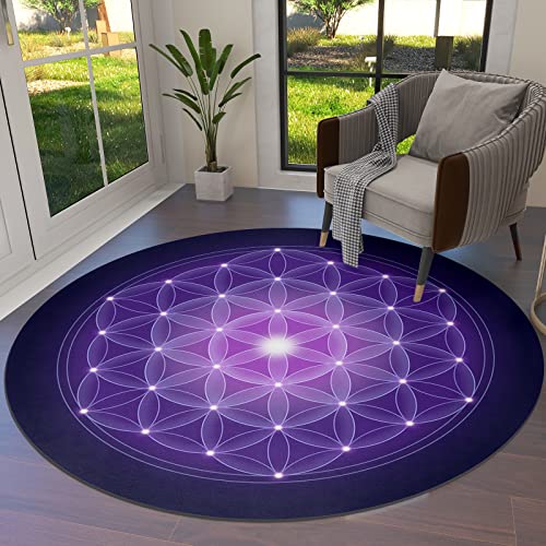 AmbeHome Round Area Rugs Baby Cushion 6 ft, Modern Carpet Floor Cover Nursey Rugs for Kids Play Room/Living Room, Flower of Life with Stars Sacred Geometry Ancient Print, Sturdy Soft Kitchen Mat Rugs