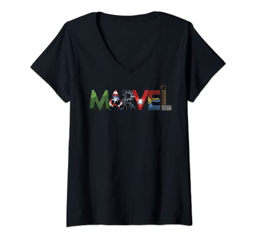 Womens Marvel Avengers Character Text Portrait V-Neck T-Shirt