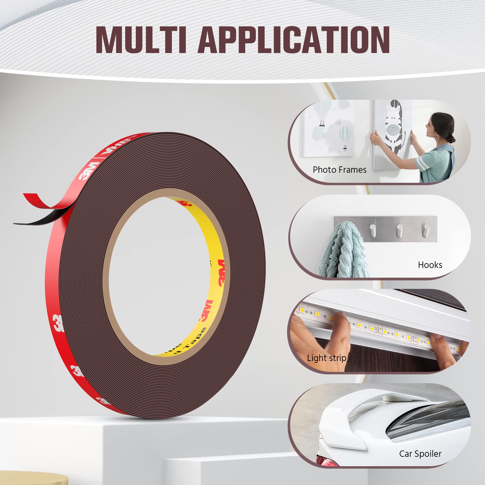 Double Sided Tape, Heavy Duty Mounting Tape Waterproof Foam Tape, 33FT Length, 0.39IN Width for LED Strip Lights, Home Decor, Office Decor, Made of 3M VHB Tape
