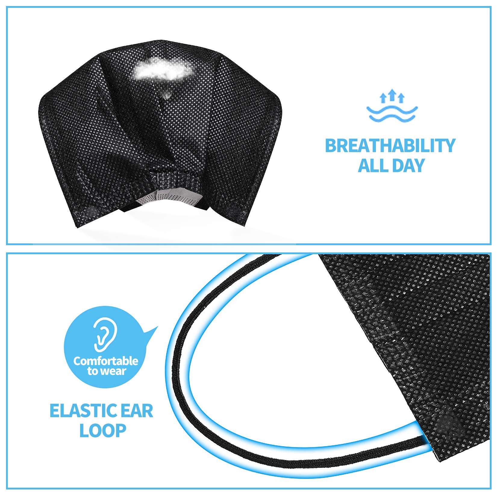 Black Disposable Face Masks 4 Layers Protection 50Pcs, Breathable Dust Mask Mouth Covers for Adult