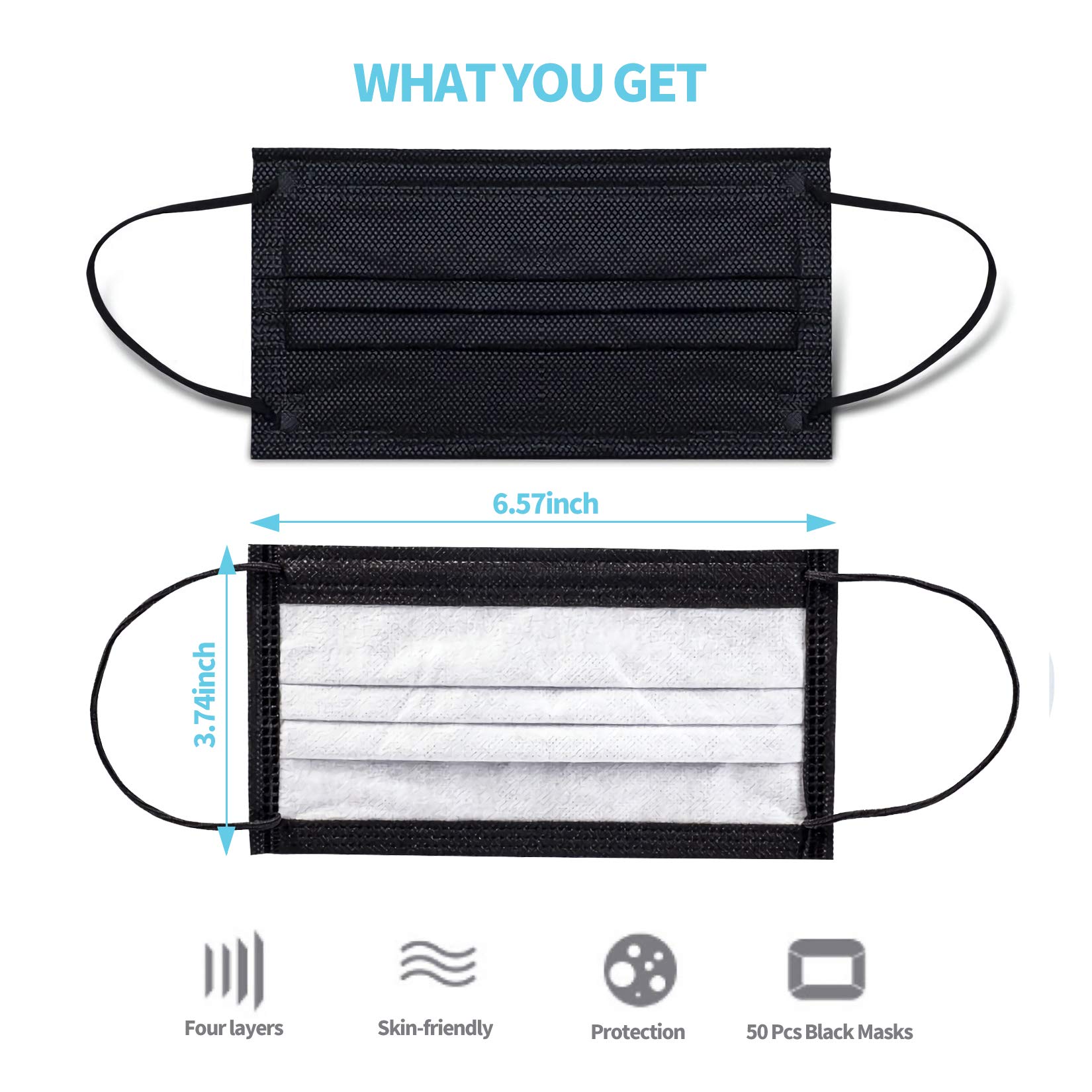 Black Disposable Face Masks 4 Layers Protection 50Pcs, Breathable Dust Mask Mouth Covers for Adult