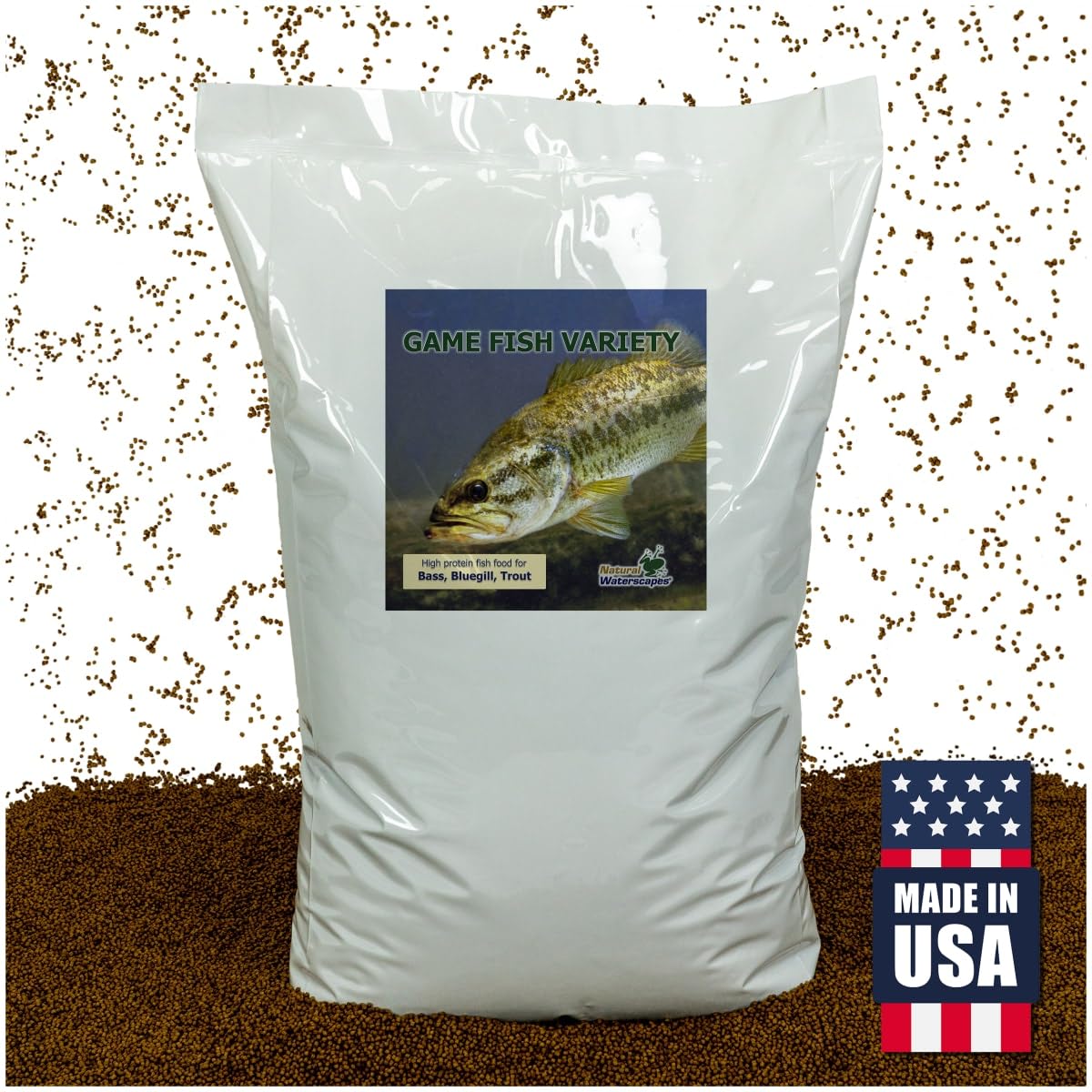 Natural Waterscapes Game Fish Food Variety | Pond and Lake Fish Food Pellets | 22 lb Bag | Feed to Bass, Bluegill, Trout, Catfish, tilapia | Floating Pellets