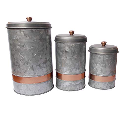 Benjara, Gray Galvanized Metal Lidded Canister with Copper Band, Set of Three, 3 Count