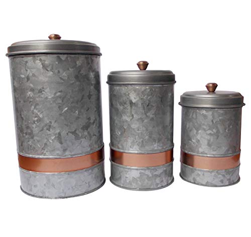 Benjara, Gray Galvanized Metal Lidded Canister with Copper Band, Set of Three, 3 Count