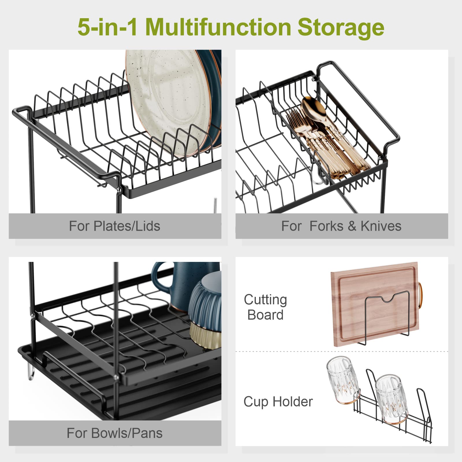GSlife Dish Drying Rack 2-Tier Small Dish Rack with Drainboard Set, Utensils Holder, Glass Holder and Cutting Board Holder Metal Dish Draine for Kitchen Counter, Black