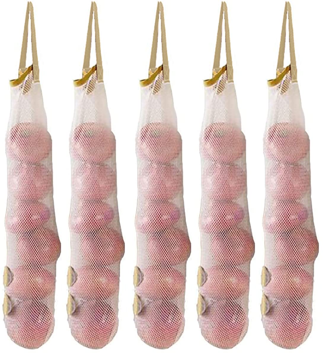 AHYUAN Hanging Mesh Storage Bags 5 Pack Onion Bags Mesh Garlic Net Bags Potatoes Bags Long and Large Reusable Net Storage Produce Bags for Fruit Veggies Garbage Bag for Home RV Camper Storage