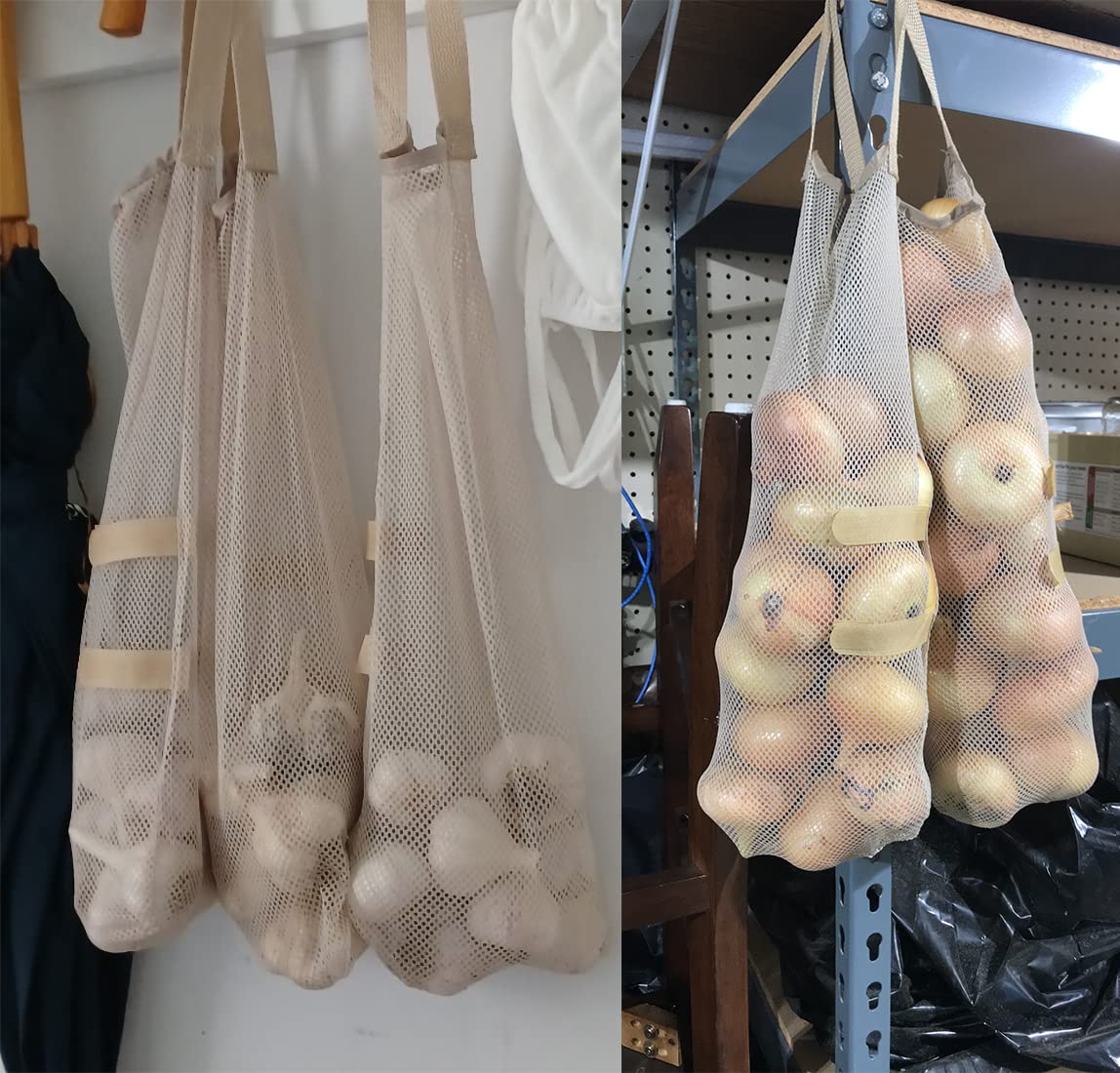 AHYUAN Hanging Mesh Storage Bags 5 Pack Onion Bags Mesh Garlic Net Bags Potatoes Bags Long and Large Reusable Net Storage Produce Bags for Fruit Veggies Garbage Bag for Home RV Camper Storage