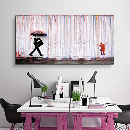 Banksy Canvas Print Colorful Rain Graffiti Wall Art Print Gallery Wrapped Image Mural Artwork for Home Decoration Modern Framed Poster Gift (Banksy Artwork 5, 20x40 Inch)