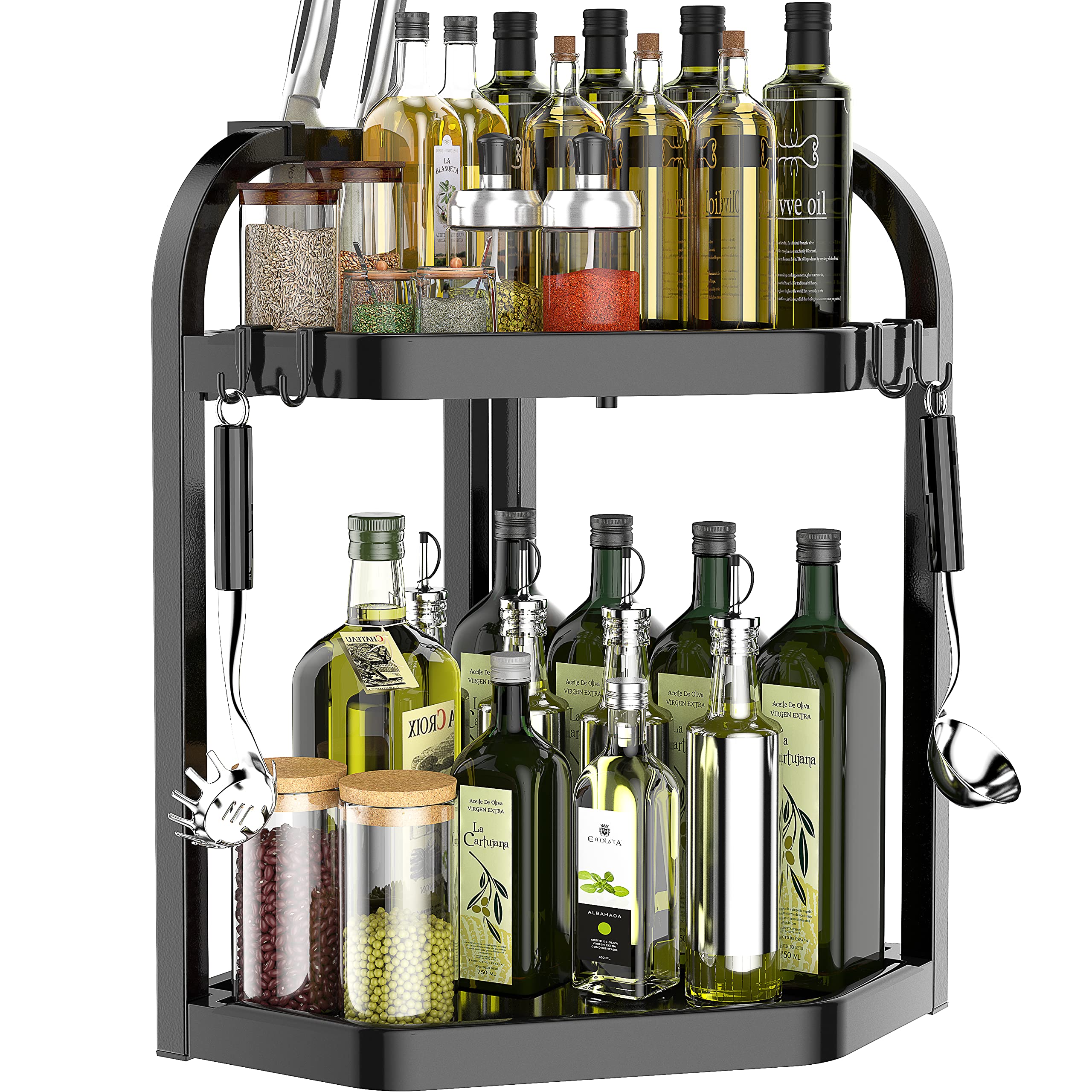 coorack Spice Rack Organizer with Hooks, 2 Tier Bathroom Countertop, Kitchen Corner Seasoning Shelf, Standing Storage for, , Bedroom (Large), Black-large