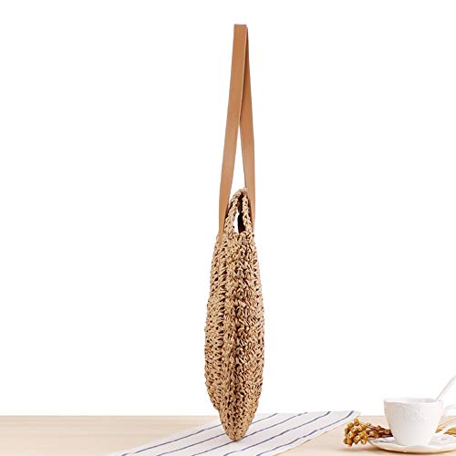 Round Straw Bag Large Woven Summer Beach Tote Handbags Handle Shoulder Bag for Women Vacation, Khaki
