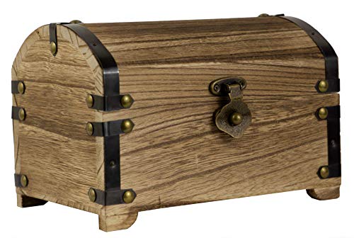 CoreDP Decorative Vintage Wood Treasure Chest, 8.3x5.5x5.5 inches with 90 Degree hinged lid, Old-Fashioned Design, Metal Outline and Buckle [Keepsake Box/Jewelry Box/Toy Treasure Chest]