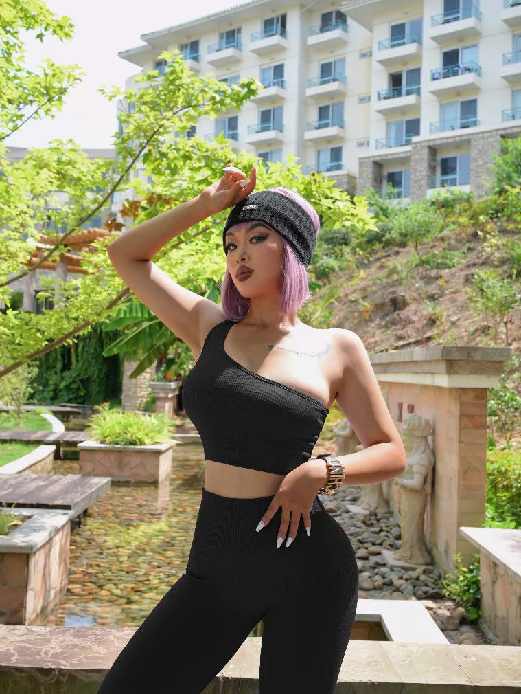 OQQ Women's 4 Piece Outfits Ribbed Exercise Scoop Neck Sports Bra One Shoulder Tops High Waist Shorts Leggings Active Set Black