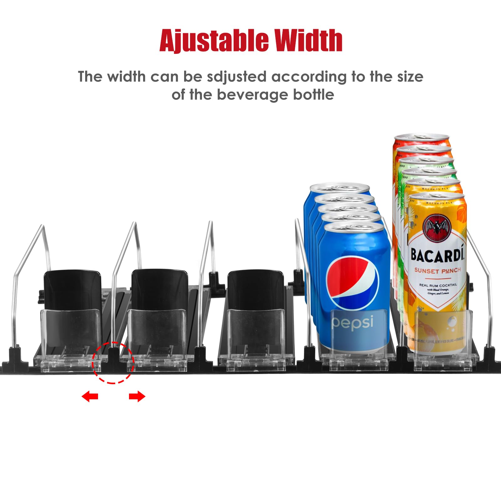 Drink Organizer for Fridge,5 Row Self-Pushing Soda Can Organizer Width Ajustable Beverage Pusher Glide,Spring Loaded Beer Pop Can Water Bottle Beverage Storage for Refrigerator Kitchen Pantry-Black