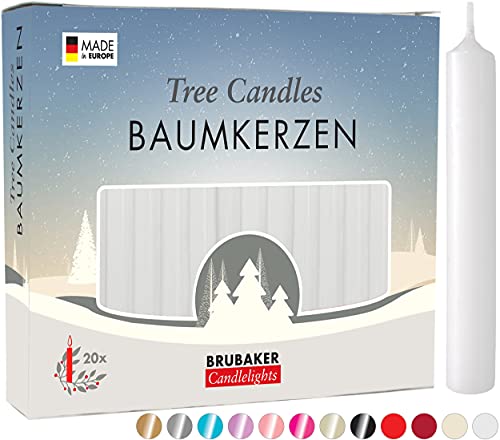 BRUBAKER Tree Candles - Pack of 20 - White - 3¾ x ½ Inches (9.5 x 1.27cm) - Made in Europe - Pyramids, Carousels & Chimes