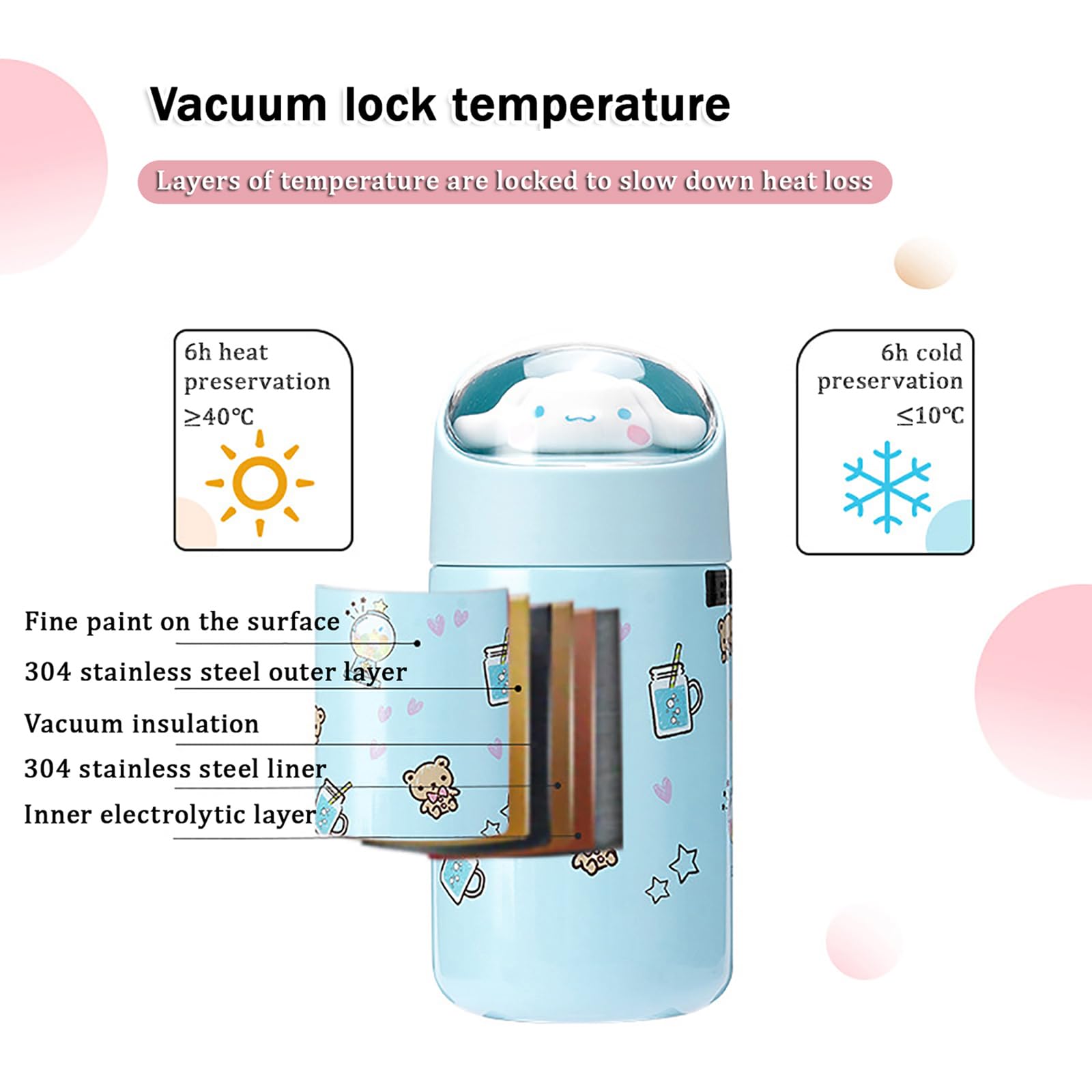 Cute Thermos Mug Kawaii Water Bottle Stainless Steel Vacuum Insulated Bottle for Hot or Cold Drinks Adorable Travel Mug