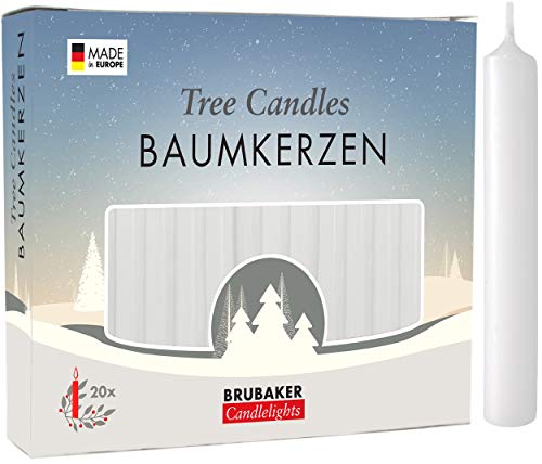 BRUBAKER Tree Candles - Pack of 20 - White - 3¾ x ½ Inches (9.5 x 1.27cm) - Made in Europe - Pyramids, Carousels & Chimes