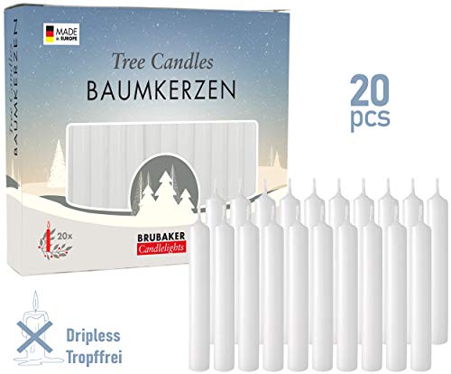 BRUBAKER Tree Candles - Pack of 20 - White - 3¾ x ½ Inches (9.5 x 1.27cm) - Made in Europe - Pyramids, Carousels & Chimes