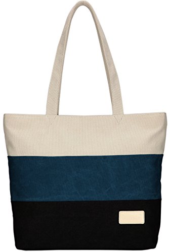 ArcEnCiel Canvas Shoulder Handbag for Women Tote Bag Purse with Zipper Hobo Bags (Blue&Black)