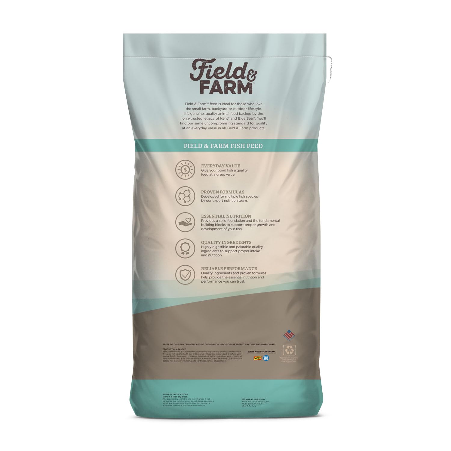 KENT Field and Farm Fish Feed, Pond Stocker 32, High Protein, Ruminant Meat-Free, Bone Meal-Free, Fixed Ingredient Formula, Ideal for Bass, Bluegill and Catfish, 25 Pound Bag