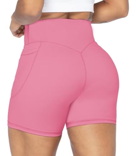 Sunzel No Front Seam Biker Shorts for Women with Pockets, Yoga Workout Gym Bike Shorts with Tummy Control 5" Bubblegum Pink Medium