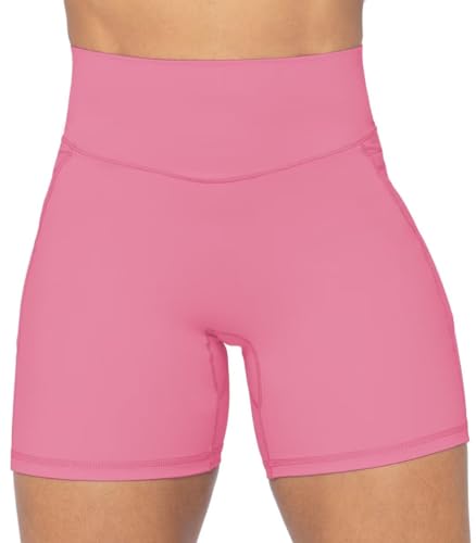 Sunzel No Front Seam Biker Shorts for Women with Pockets, Yoga Workout Gym Bike Shorts with Tummy Control 5" Bubblegum Pink Medium