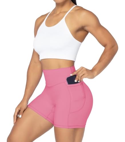 Sunzel No Front Seam Biker Shorts for Women with Pockets, Yoga Workout Gym Bike Shorts with Tummy Control 5" Bubblegum Pink Medium