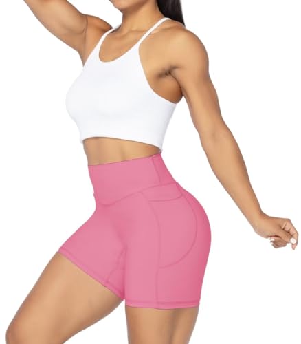Sunzel No Front Seam Biker Shorts for Women with Pockets, Yoga Workout Gym Bike Shorts with Tummy Control 5" Bubblegum Pink Medium