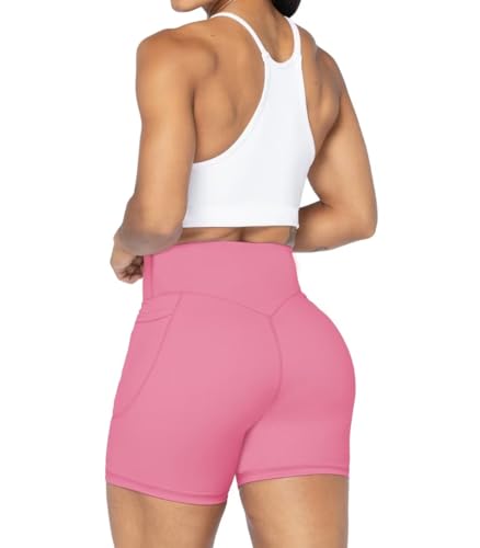 Sunzel No Front Seam Biker Shorts for Women with Pockets, Yoga Workout Gym Bike Shorts with Tummy Control 5" Bubblegum Pink Medium