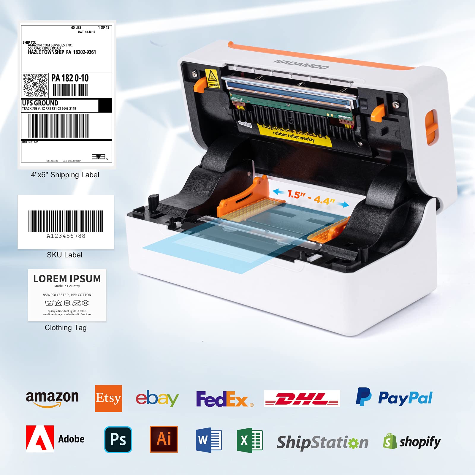 NADAMOO Thermal Label Printer, 4x6 Thermal Shipping Label Printer, High Speed Commercial Direct Thermal Label Maker, Support Windows Mac, Compatible with Shopify, Ebay, Amazon, USPS, UPS,FedEx