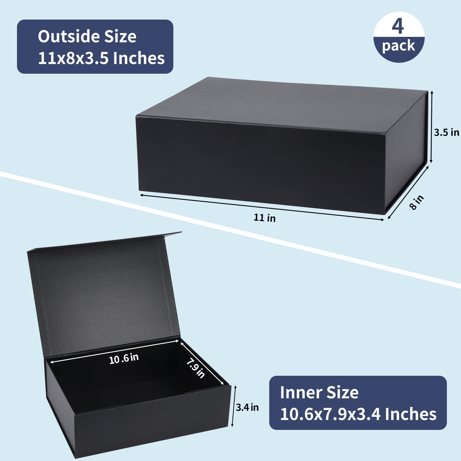 Giftgarden 4-Pack 11βx8βx3.5β Black Gift Boxes with Magnetic Lids, Large Collapsible Gift Wrap Box Magnet Clourse for Presents, Valentines Day, Birthday, Wedding, Bridesmaid Groomsman Proposal Box