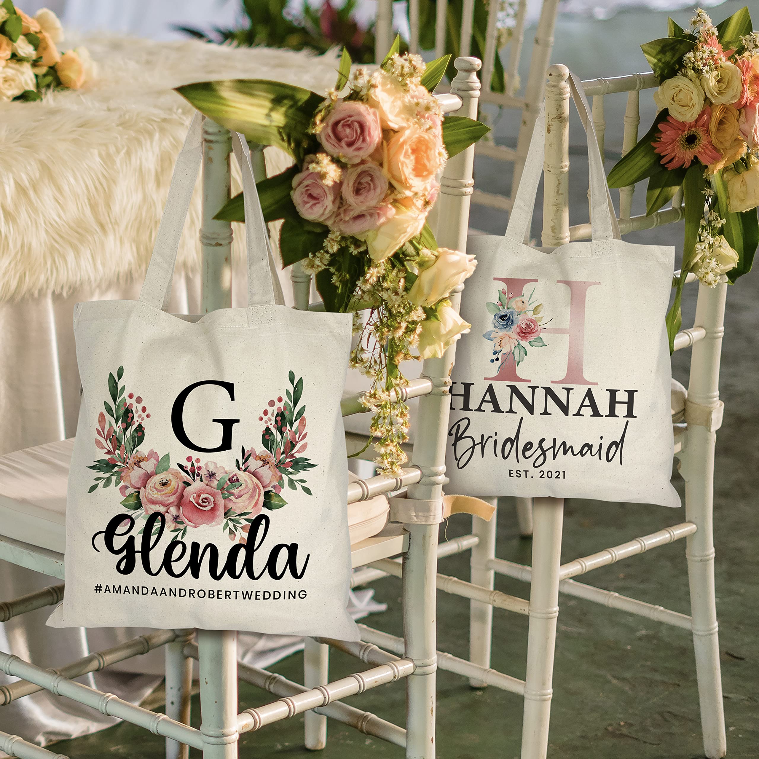 Personalized Floral Tote Bags Gift for Women w/Name Text Date - Customized Totes Bag for Beach Wedding Travel Work - Custom Flower Shoulder Bag - Custom Bachelorette Bridal Shower Birthday Gifts C1