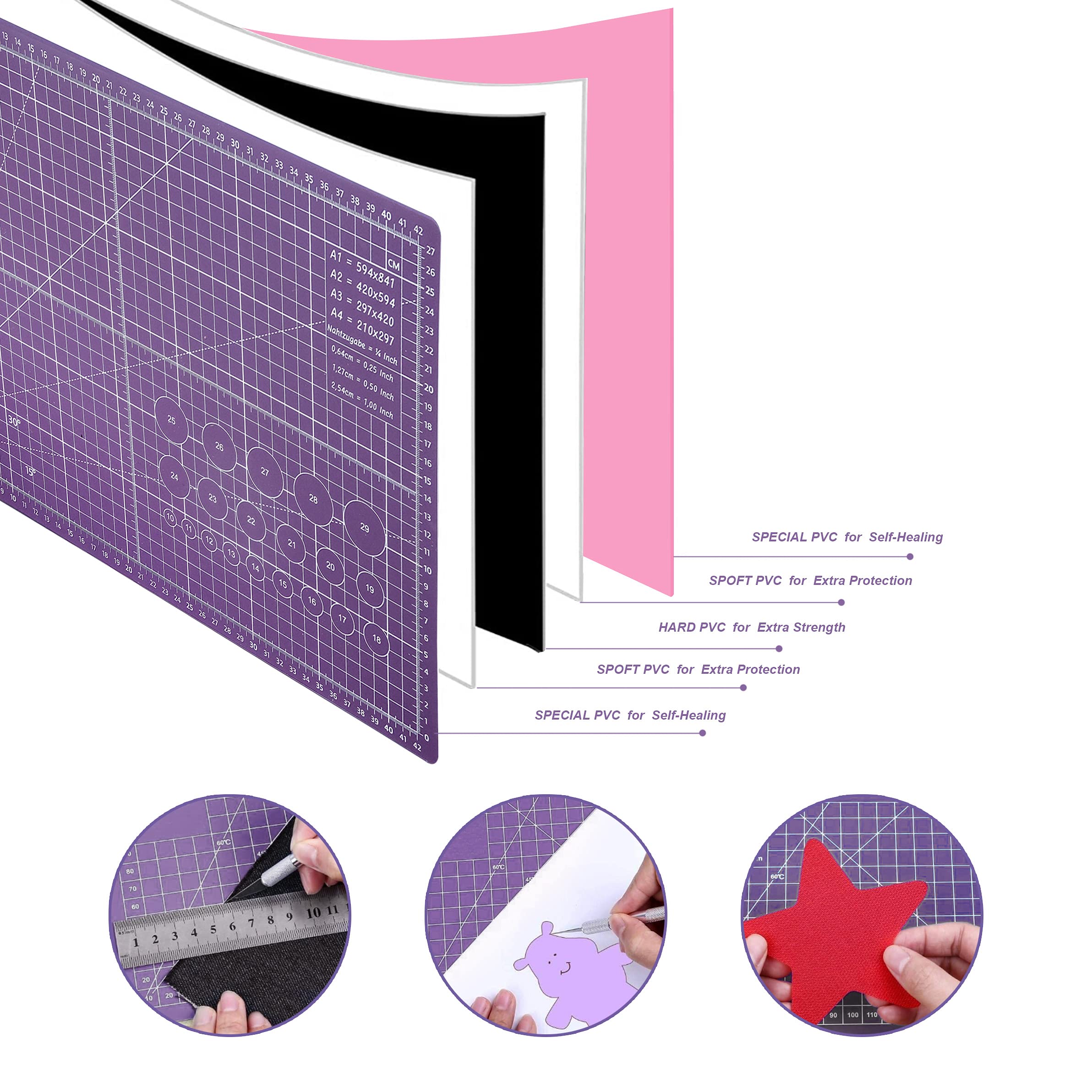 Self Healing Cutting Mat 18"x12" Non-Slip PVC Double Sided 5-Ply A3 Art Craft Rotating Mat, Rotary Cutting Mat for Quilting, Sewing Crafts Hobby Fabric Precision Scrapbooking Project(Pink/Purple)