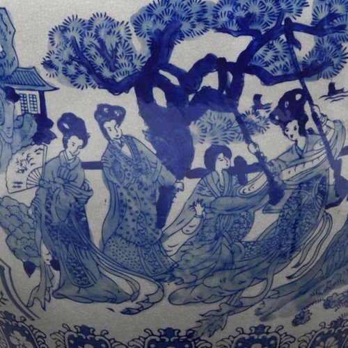 Oriental Furniture 12" Ladies Blue & White Porcelain Fishbowl