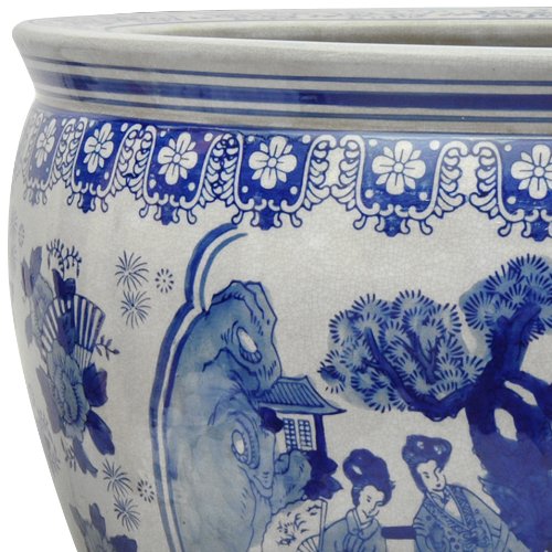 Oriental Furniture 12" Ladies Blue & White Porcelain Fishbowl