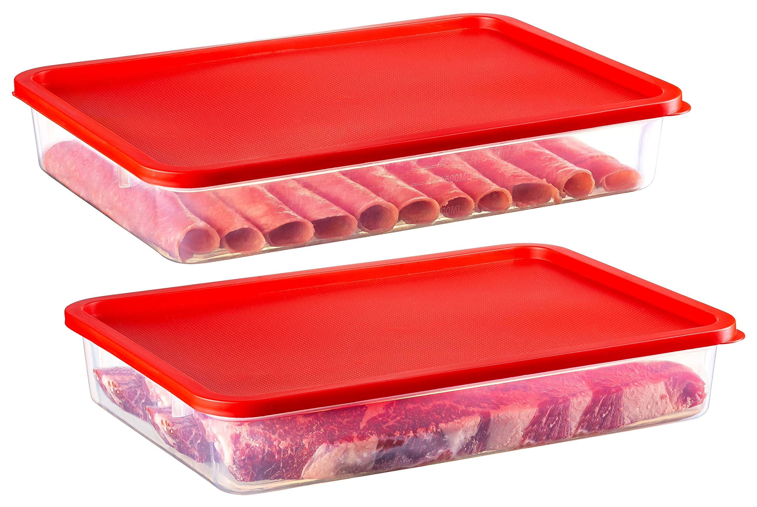 2 Pack β Zilpoo Plastic Bacon Keeper, Deli Meat Saver Cold Cuts Cheese Food Storage Container with Lid for Refrigerator, Shallow Low Profile Christmas Cookie Holder, 84 oz.