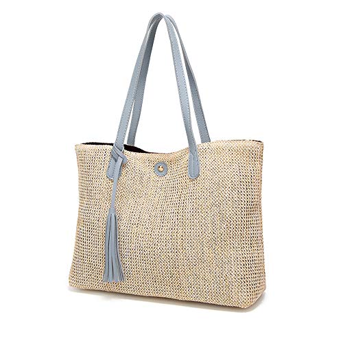 QTKJ Women Straw Summer Beach Bag Handwoven Big Tote Leather Shoulder Handbag with Tassel Decorate (Light Blue)