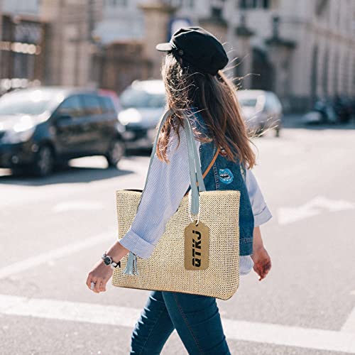 QTKJ Women Straw Summer Beach Bag Handwoven Big Tote Leather Shoulder Handbag with Tassel Decorate (Light Blue)
