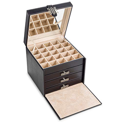 Glenor Co Earring Organizer Holder - 75 Small & 4 Large Slots Classic Jewelry Box with Drawer & Modern Closure, Mirror, 4 Trays Earrings, Ring or Chain Storage - PU Leather Case - Black