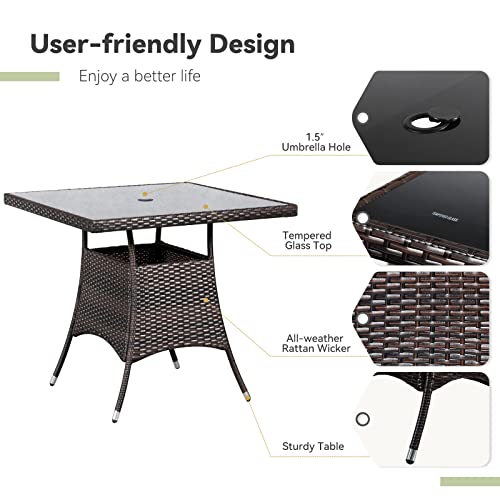 SUNCROWN 5 Piece Outdoor Dining Set All-Weather Wicker Patio Dining Table and Chairs with Cushions, Square Tempered Glass Tabletop with Umbrella Cutout for Patio Backyard Porch Garden Poolside