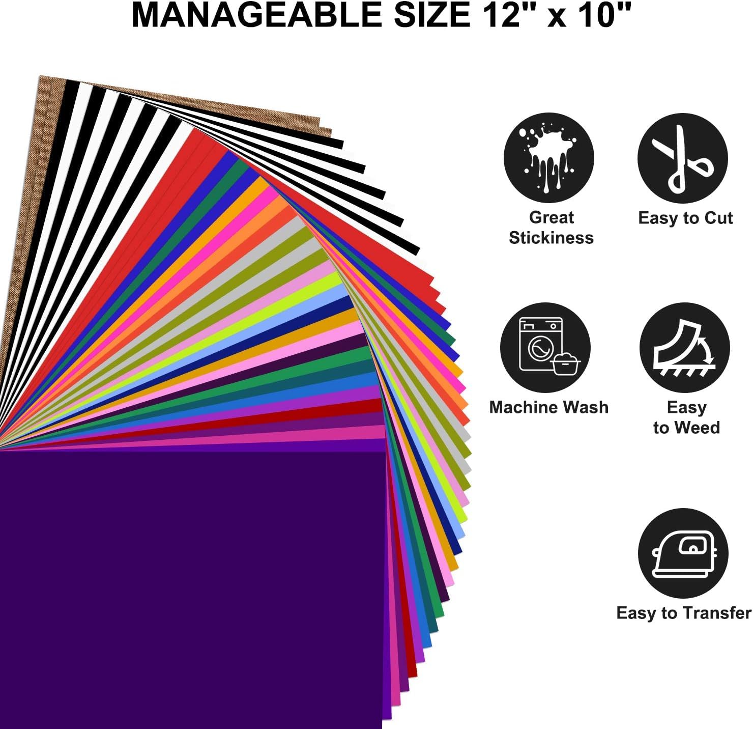 Heat Transfer Vinyl Bundle : 42 Pack 12" x 10" Sheets - Iron on Vinyl for Iron on Fabrics T-Shirts Heat Press Machine