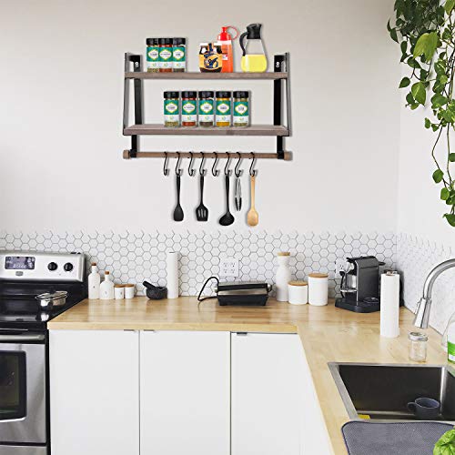 Kakivan 2-Tier Floating Shelves Wall Mount for Kitchen Spice Rack with 8 Hooks Storage, Rustic Farmhouse Wood Wall Shelf for Bathroom Décor with Towel Bar.