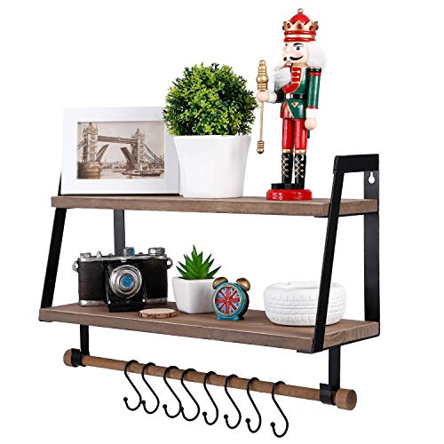Kakivan 2-Tier Floating Shelves Wall Mount for Kitchen Spice Rack with 8 Hooks Storage, Rustic Farmhouse Wood Wall Shelf for Bathroom Décor with Towel Bar.