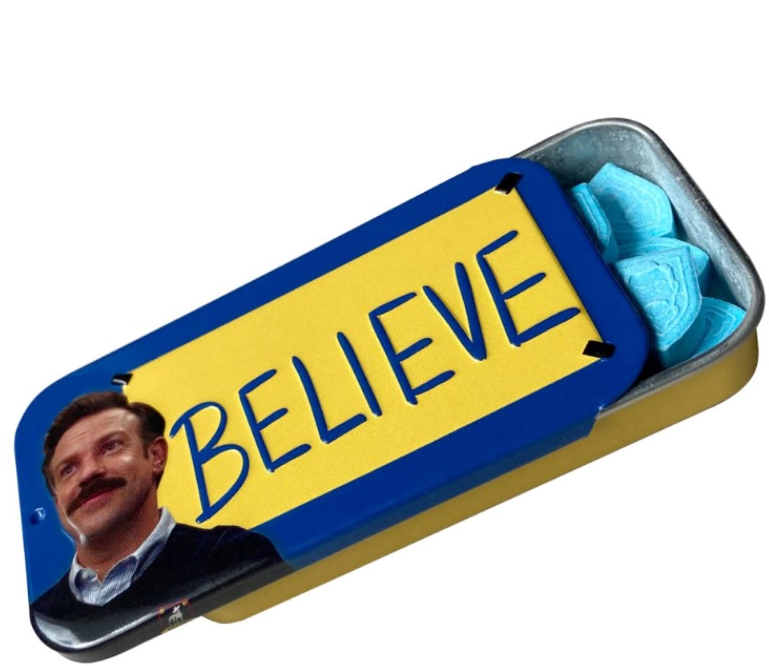 Ted Lasso Believe In Believe Blue Raspberry Flavored Candy - (1) Collectible Slide off top Tin filled with candies featuring Ted Lasso