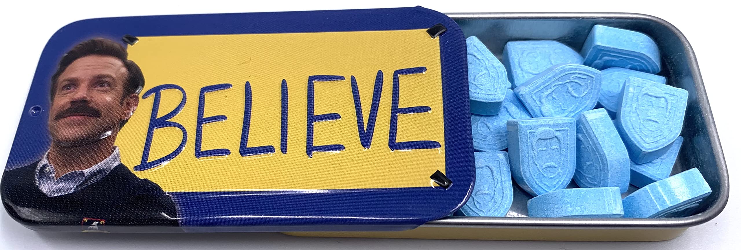 Ted Lasso Believe In Believe Blue Raspberry Flavored Candy - (1) Collectible Slide off top Tin filled with candies featuring Ted Lasso