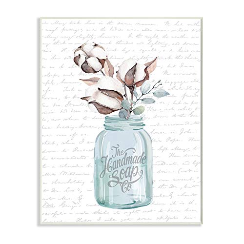 Stupell Industries Handmade Soap Jar Cotton Flower Bathroom Word, Design by Artist Lettered and Lined Wall Art, 10 x 15, Wood Plaque