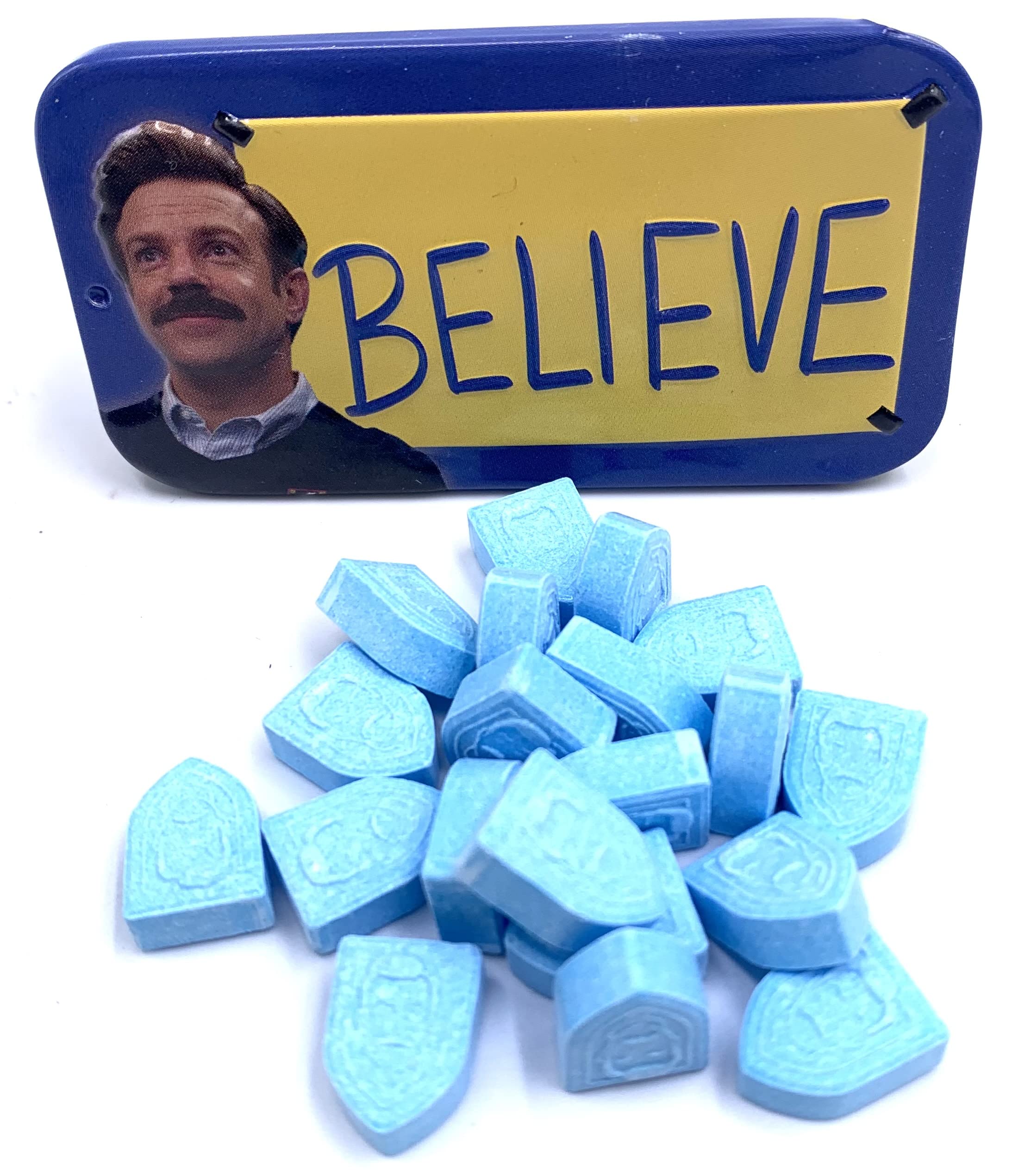Ted Lasso Believe In Believe Blue Raspberry Flavored Candy - (1) Collectible Slide off top Tin filled with candies featuring Ted Lasso